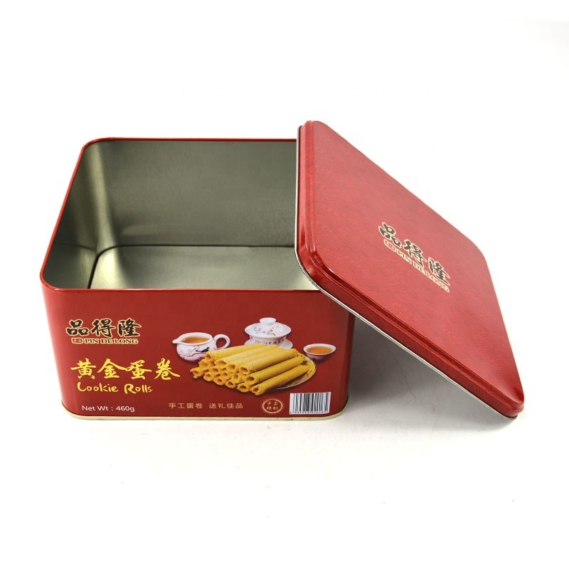 Customized square egg roll biscuit tin box high quality cake food ...